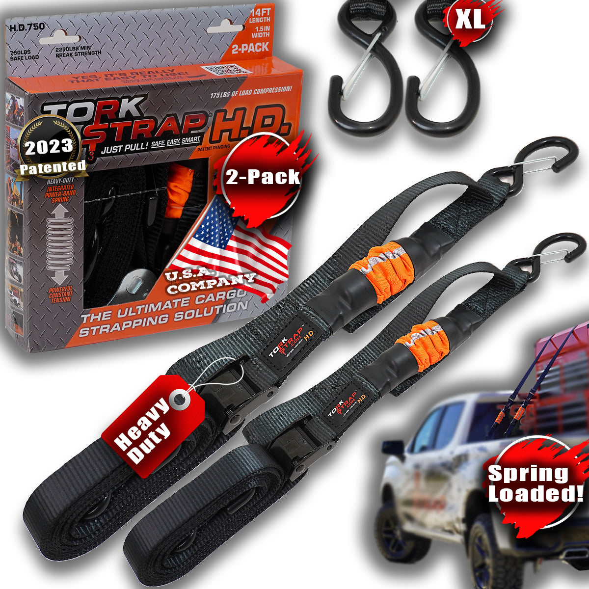 TorkStrap Model HD 750 - 2 Pack | HEAVY-DUTY Spring Loaded Tie-Down St ...